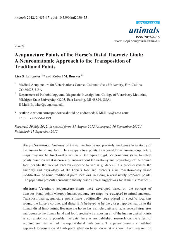 (PDF) Acupuncture Points of the Horse’s Distal Thoracic Limb: A ...