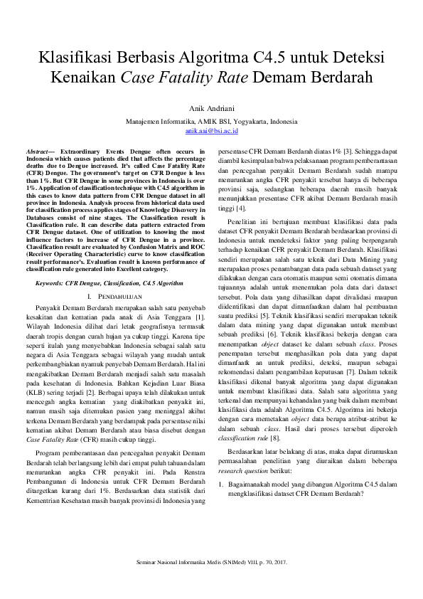 (PDF) Klasifikasi Berbasis Algoritma C4.5 untuk Deteksi Kenaikan Case Fatality Rate Demam Berdarah