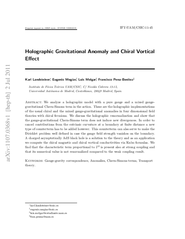 (PDF) Holographic gravitational anomaly and chiral vortical effect