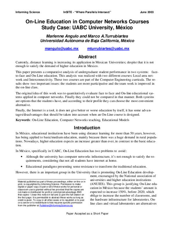 (PDF) On-Line Education in Computer Networks Courses. Study Case: UABC University