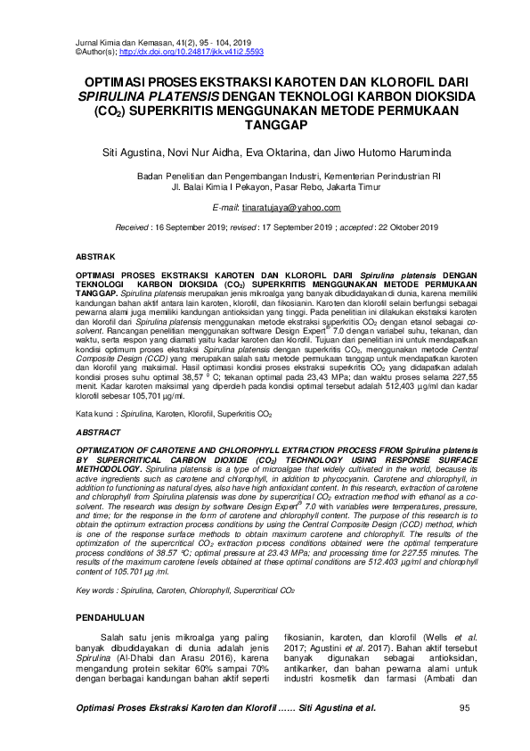 (PDF) Optimasi Proses Ekstraksi Karoten Dan Klorofil Dari Spirulina Platensis Dengan Teknologi ...
