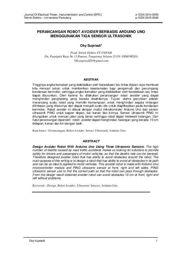 Pdf Perancangan Robot Avoider Berbasis Arduino Uno Menggunakan Tiga Sensor Ultrasonik