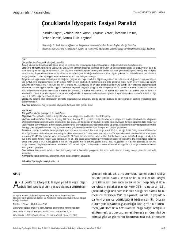 (PDF) Çocuklarda Idyopatik Fasiyal Paralizi