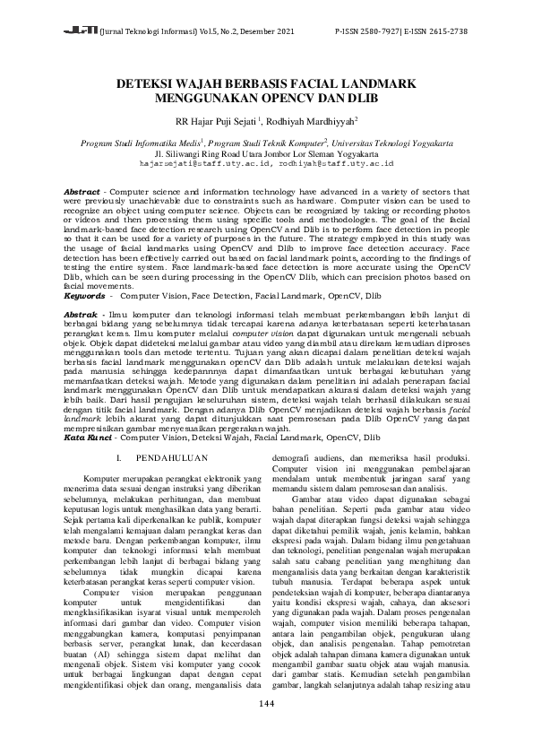 (PDF) Deteksi Wajah Berbasis Facial Landmark Menggunakan OpenCV Dan Dlib