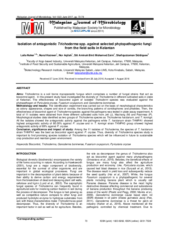 Pdf Isolation Of Antagonistic Trichoderma Spp Against Selected Phytopathogenic Fungi From The