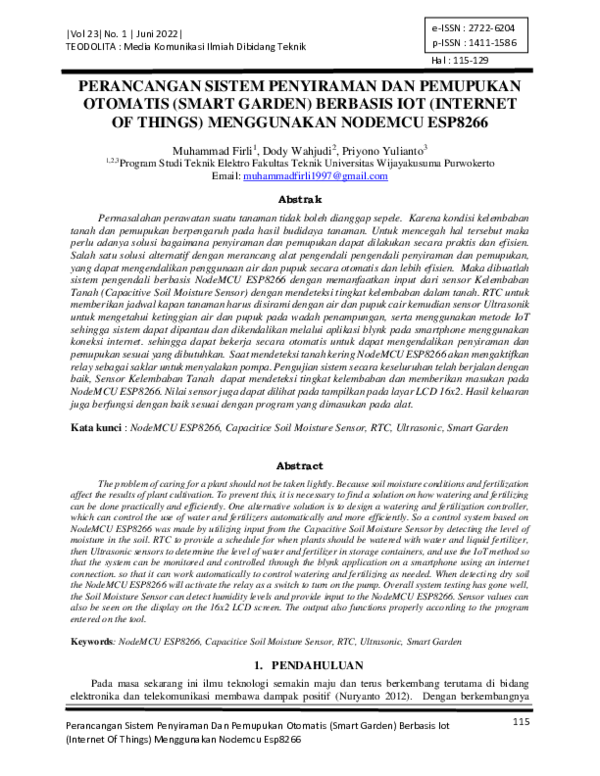 (PDF) Perancangan Sistem Penyiraman Dan Pemupukan Otomatis (Smart Garden) Berbasis Iot (Internet ...