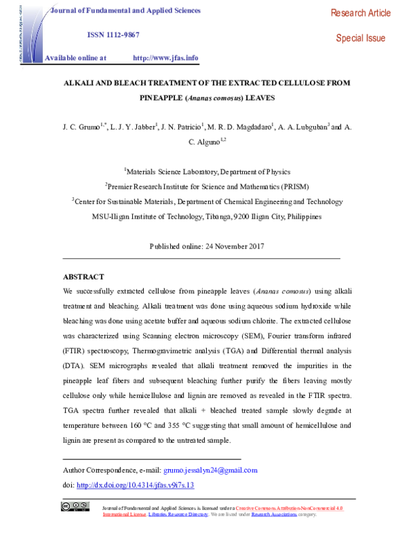 (PDF) ALKALI AND BLEACH TREATMENT OF THE EXTRACTED CELLULOSE FROM ...