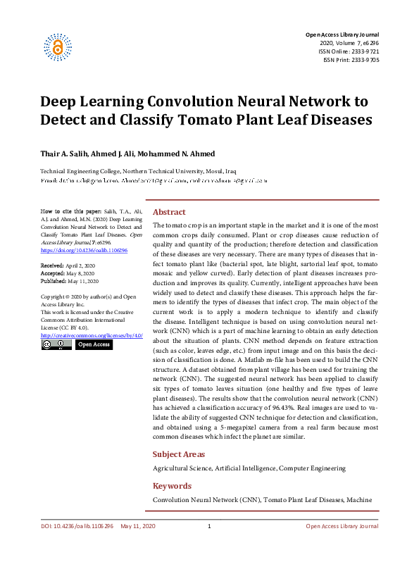 (PDF) Deep Learning Convolution Neural Network to Detect and Classify Tomato Plant Leaf Diseases