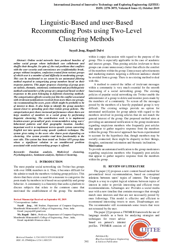 (PDF) Linguistic-Based and user-Based Recommending Posts using Two-Level Clustering Methods