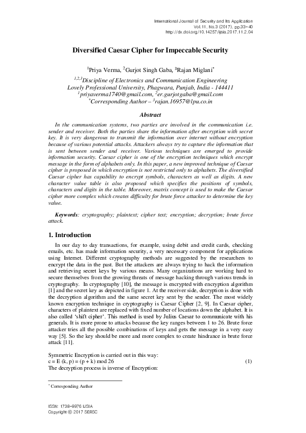 (PDF) Diversified Caesar Cipher for Impeccable Security