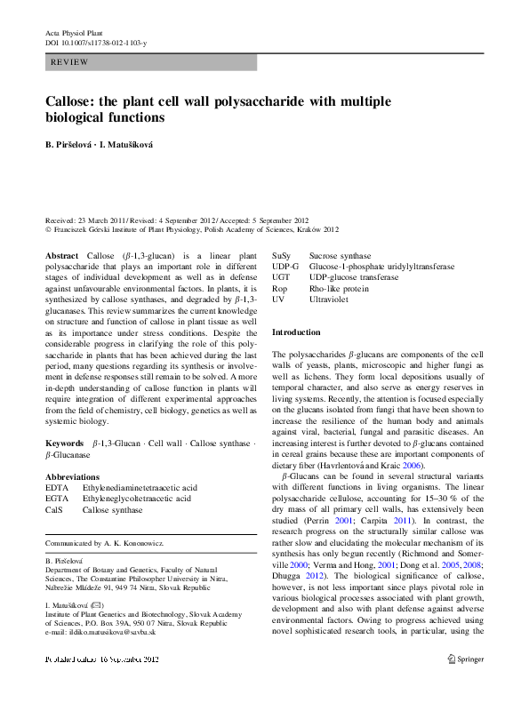 (PDF) Callose: the plant cell wall polysaccharide with multiple ...