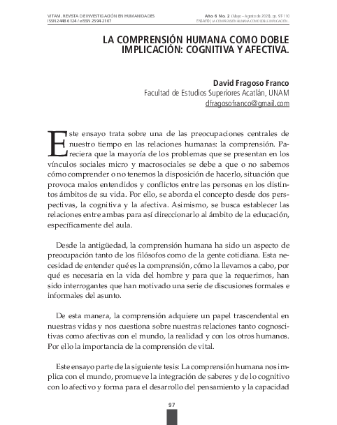 (PDF) La comprensión humana como doble implicación: Cognitiva y afectiva