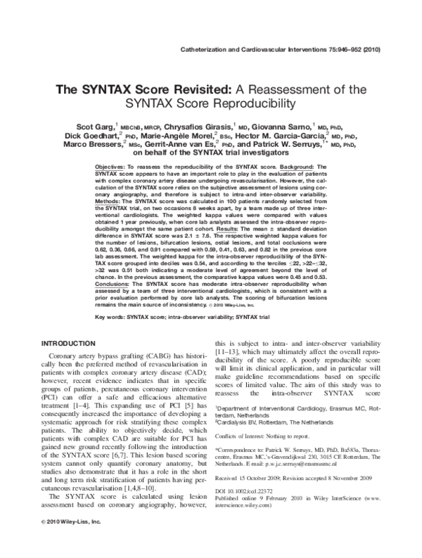 (PDF) The SYNTAX score revisited: A reassessment of the SYNTAX score ...
