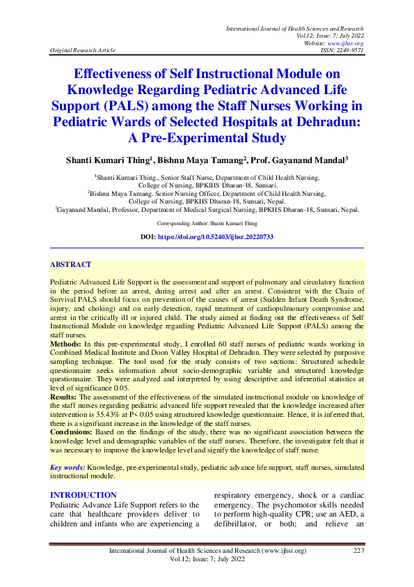 (PDF) Effectiveness of Self Instructional Module on Knowledge Regarding Pediatric Advanced Life ...