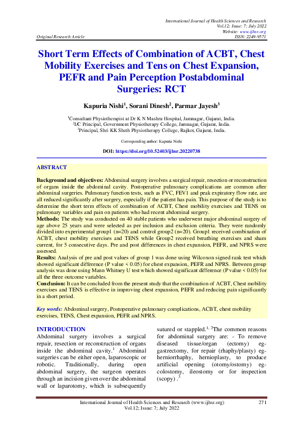(PDF) Short Term Effects of Combination of ACBT, Chest Mobility Exercises and Tens on Chest ...