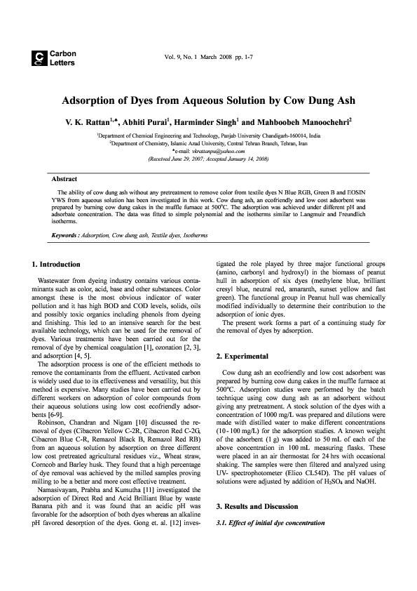 (PDF) Adsorption of Dyes from Aqueous Solution by Cow Dung Ash