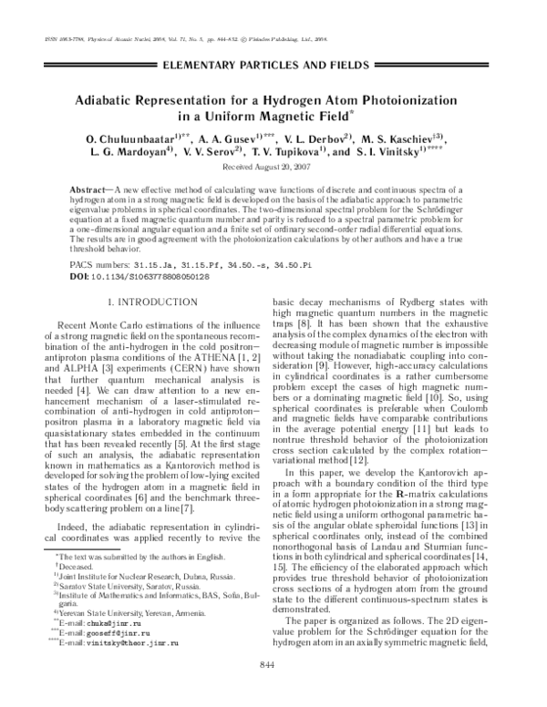(PDF) Adiabatic representation for a hydrogen atom photoionization in a uniform magnetic field