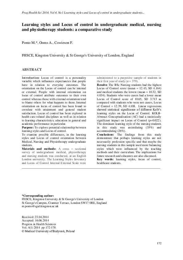 (PDF) Learning styles and Locus of control in undergraduate medical, nursing and physiotherapy ...