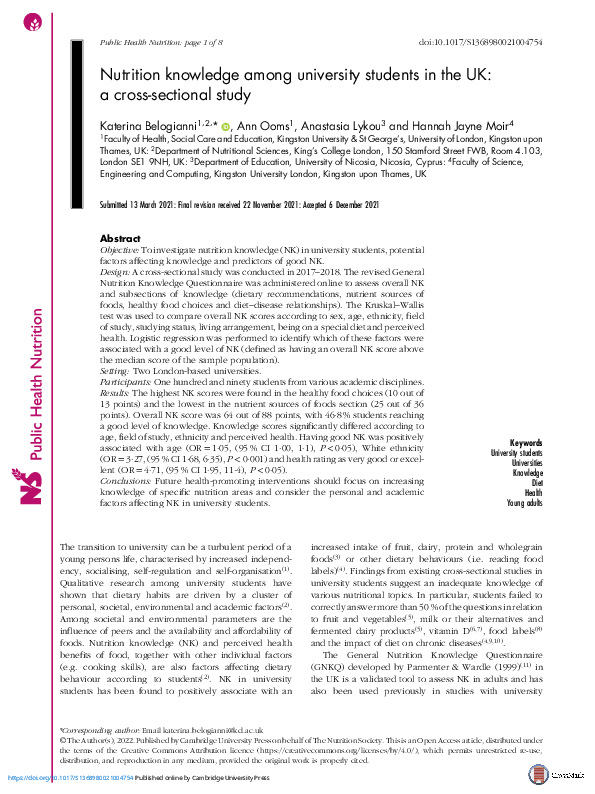 PDF Nutrition Knowledge Among University Students In The UK A Cross pdf-nutrition-knowledge-among-university-students-in-the-uk-a-cross
