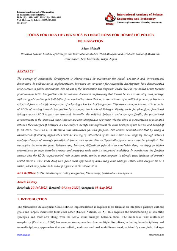 (PDF) TOOLS FOR IDENTIFYING SDGS INTERACTIONS FOR DOMESTIC POLICY ...