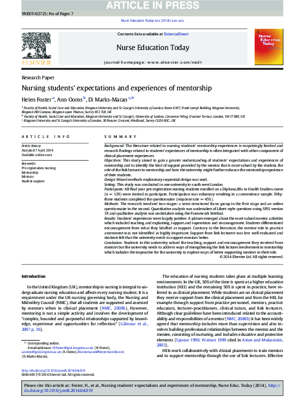 (PDF) Nursing students' expectations and experiences of mentorship