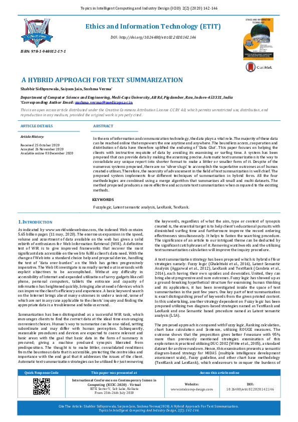 (PDF) A Hybrid Approach for Text Summarization