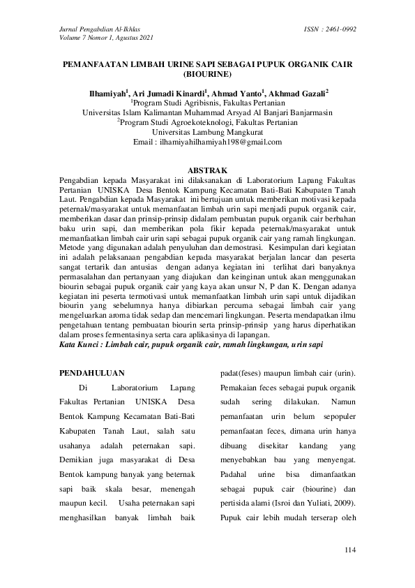 (PDF) Pemanfaatan Limbah Urine Sapi Sebagai Pupuk Organik Cair (Biourine)