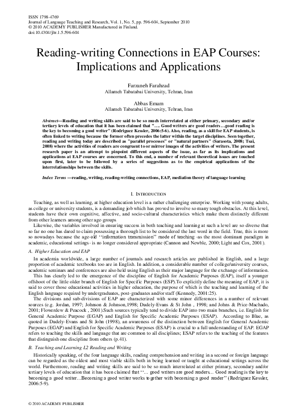 (PDF) Reading-Writing Connections in EAP: Implications and Applications
