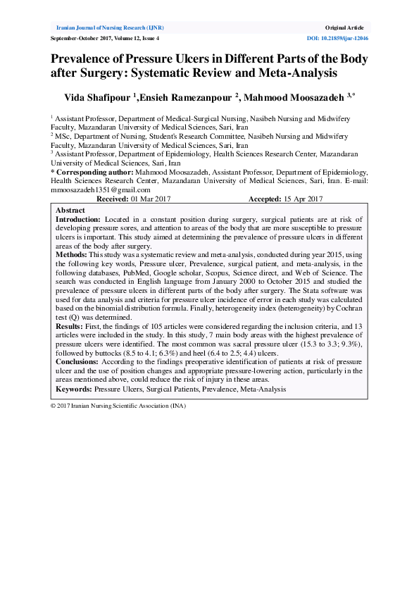 Pdf Prevalence Of Pressure Ulcers In Different Parts Of The Body
