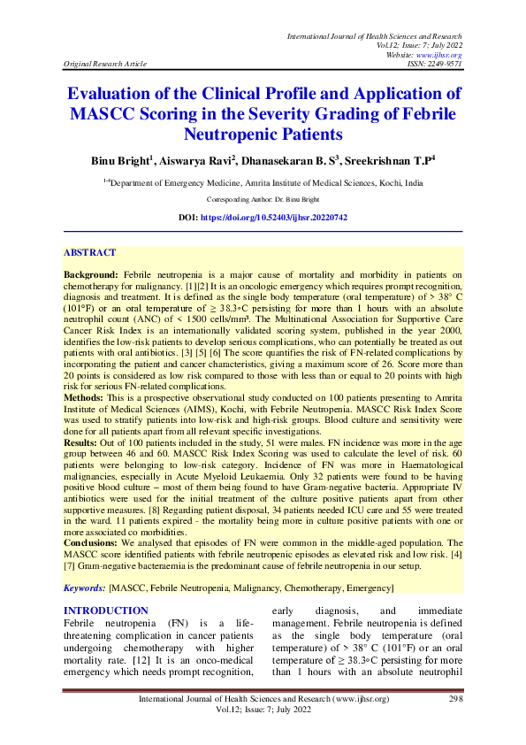 (PDF) Evaluation of the Clinical Profile and Application of MASCC ...