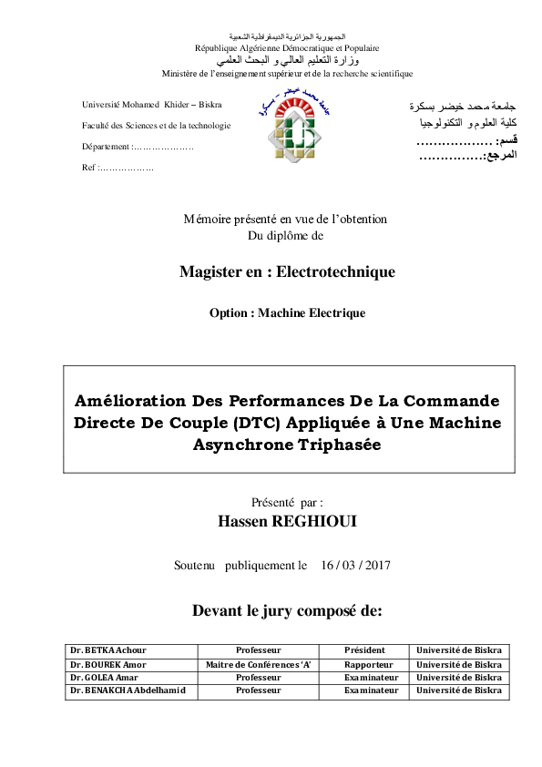 (PDF) Amélioration Des Performances De La Commande Directe De Couple (DTC) Appliquée à Une ...