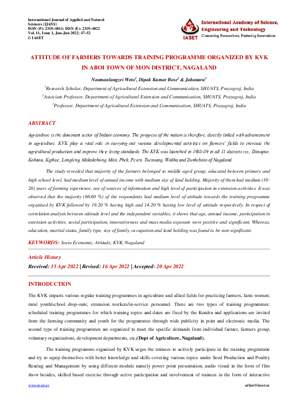 (PDF) ATTITUDE OF FARMERS TOWARDS TRAINING PROGRAMME ORGANIZED BY KVK IN ABOI TOWN OF MON ...