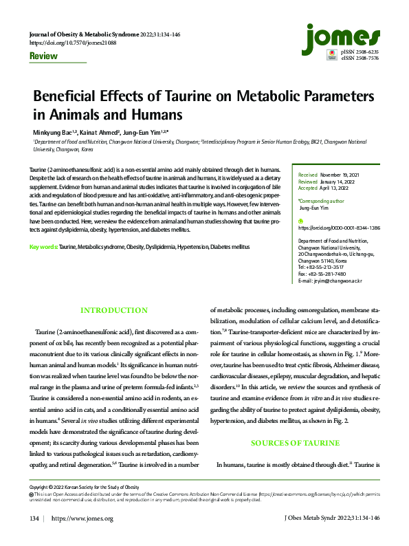 (PDF) Beneficial Effects of Taurine on Metabolic Parameters in Animals ...