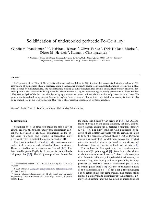 (PDF) Solidification of undercooled peritectic Fe–Ge alloy