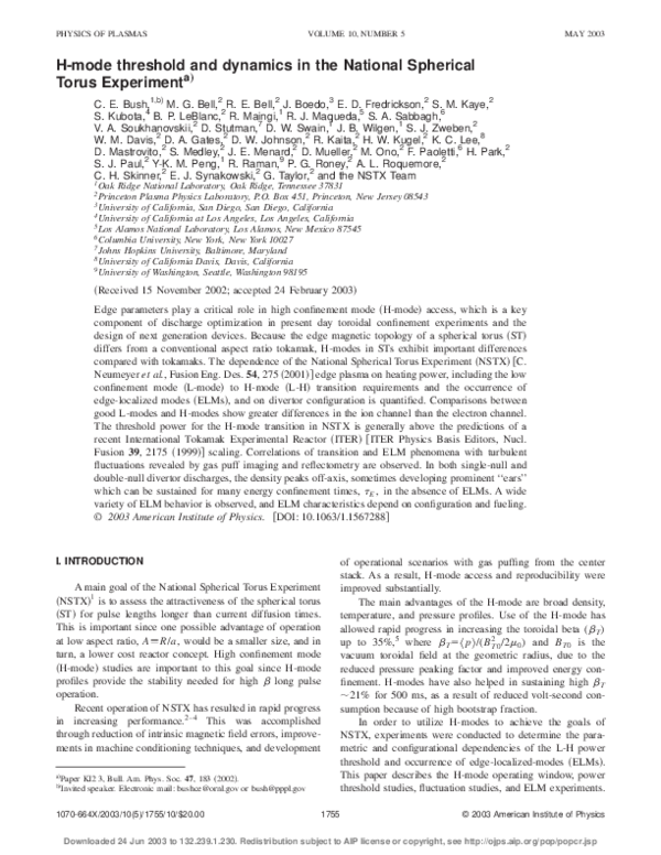(PDF) H-mode threshold and dynamics in the National Spherical Torus Experiment