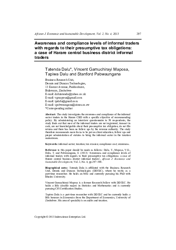 (PDF) Awareness and compliance levels of informal traders with regards ...