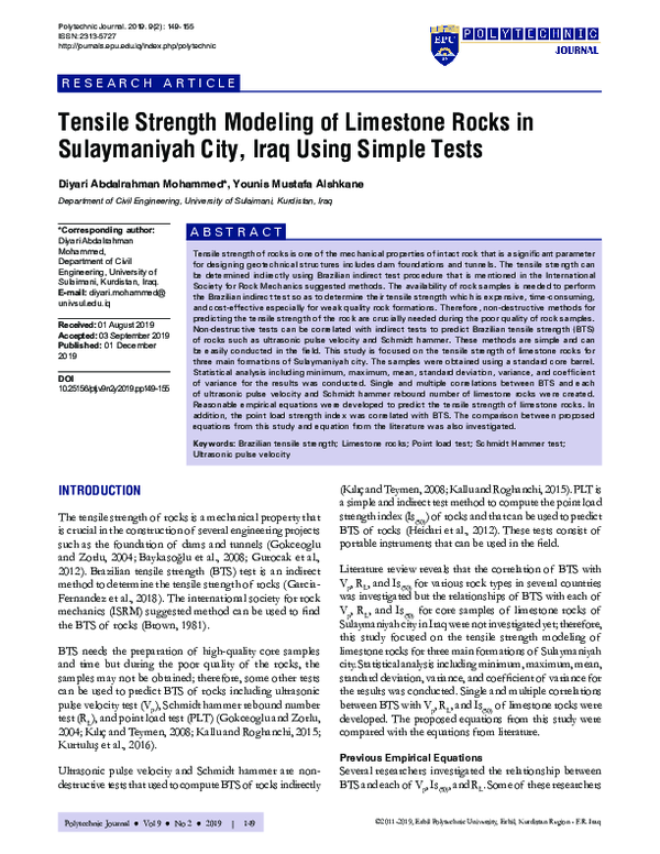 (PDF) Tensile Strength Modeling of Limestone Rocks in Sulaymaniyah City ...