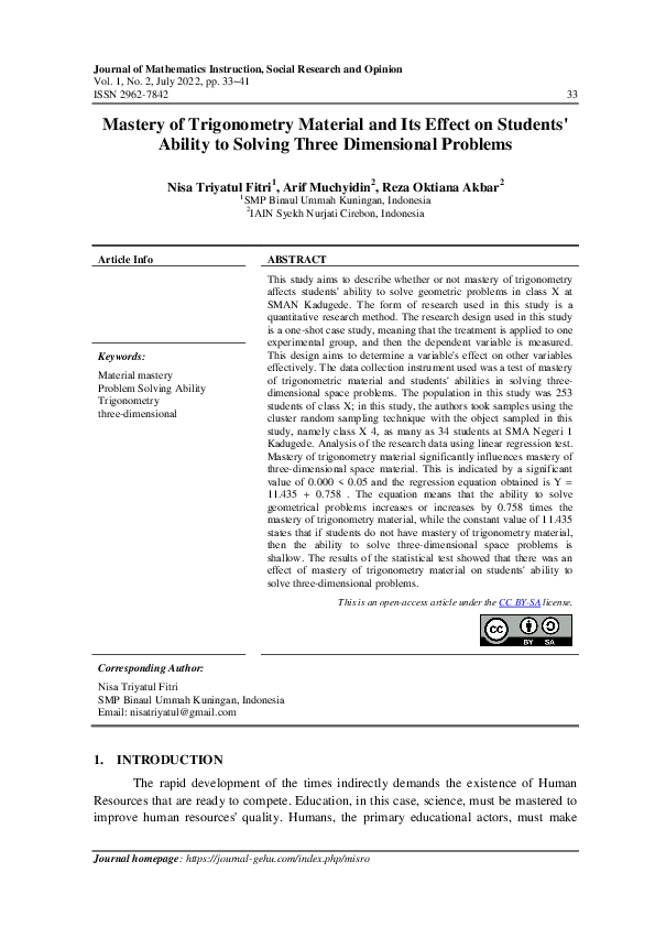 (PDF) Mastery of Trigonometry Material and Its Effect on Students' Ability to Solving Three ...