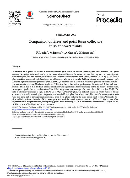 (PDF) Comparison of Linear and Point Focus Collectors in Solar Power Plants