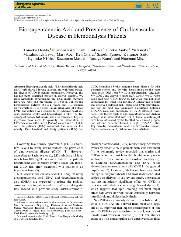 (PDF) Eicosapentaenoic Acid and Prevalence of Cardiovascular Disease in Hemodialysis Patients