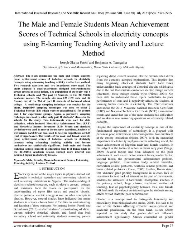 (PDF) The Male and Female Students Mean Achievement Scores of Technical ...