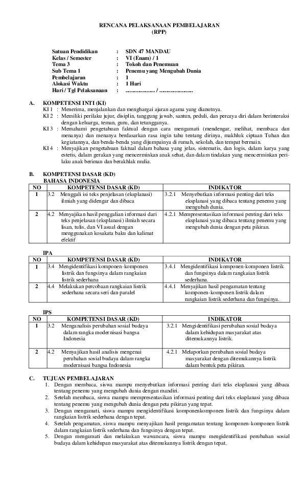 (PDF) RENCANA PELAKSANAAN PEMBELAJARAN (RPP) Satuan Pendidikan : SDN 47 MANDAU Kelas / Semester ...