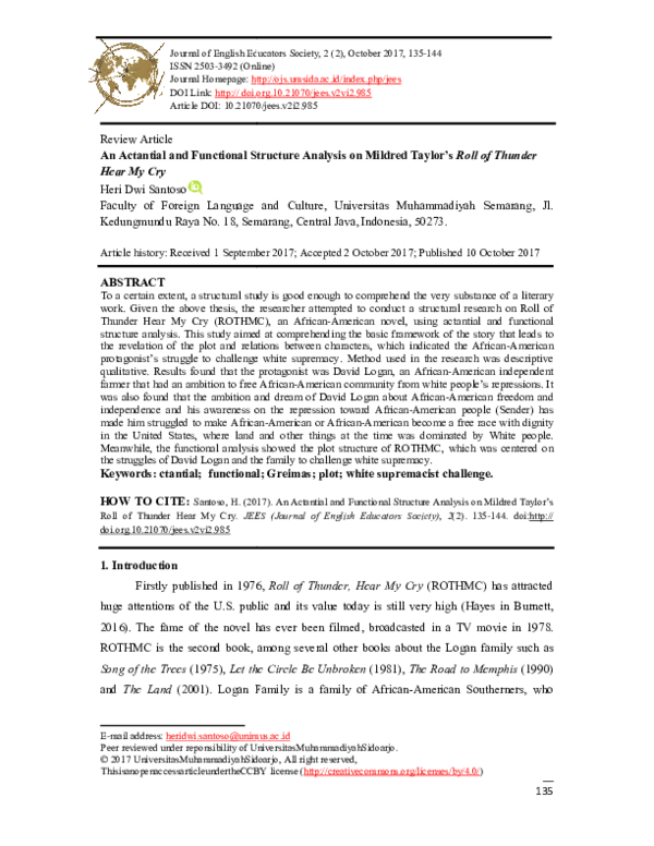 (PDF) An Actantial and Functional Structure Analysis on Mildred Taylor ...