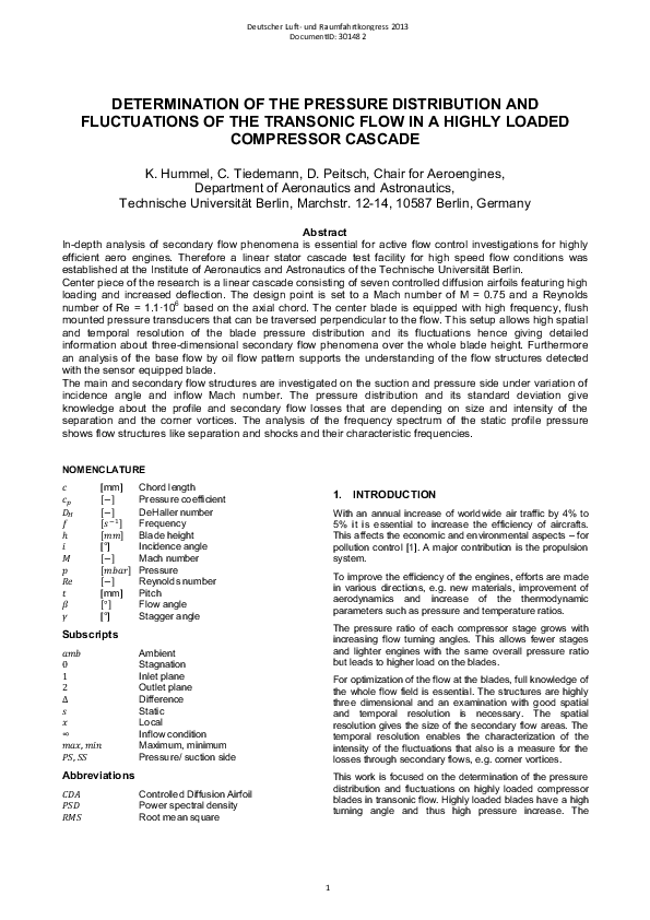 (PDF) Determination of the Pressure Distribution and Fluctuations of the Transonic Flow in a ...