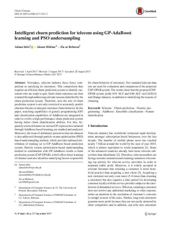 Pdf Intelligent Churn Prediction For Telecom Using Gp Adaboost Learning And Pso Undersampling