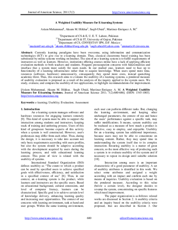 (PDF) A Weighted Usability Measure for E-learning Systems