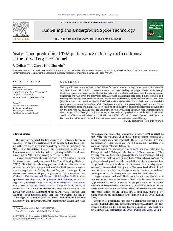 (PDF) Analysis and prediction of TBM performance in blocky rock conditions at the Lötschberg ...