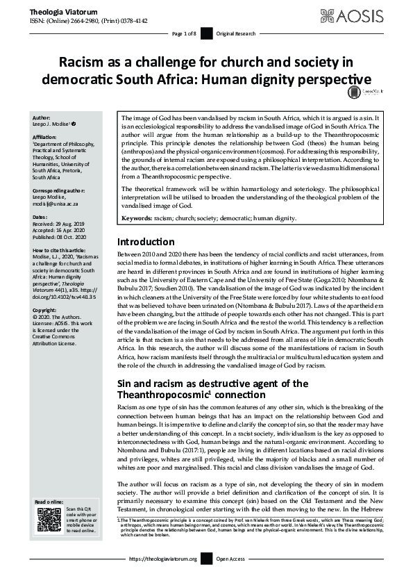 (PDF) Racism as a challenge for church and society in democratic South ...