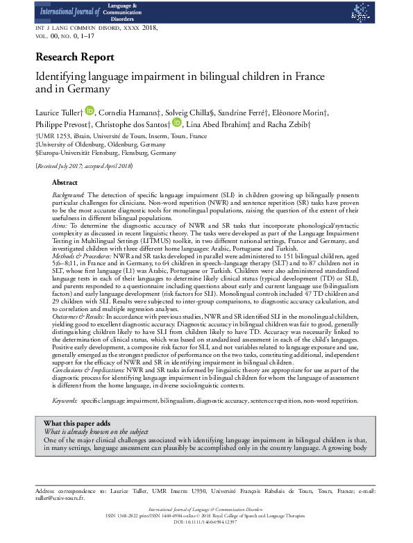 (PDF) Identifying language impairment in bilingual children in France and in Germany