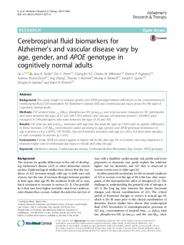 (PDF) Cerebrospinal fluid biomarkers for Alzheimer's disease and specific cognitive decline in ...